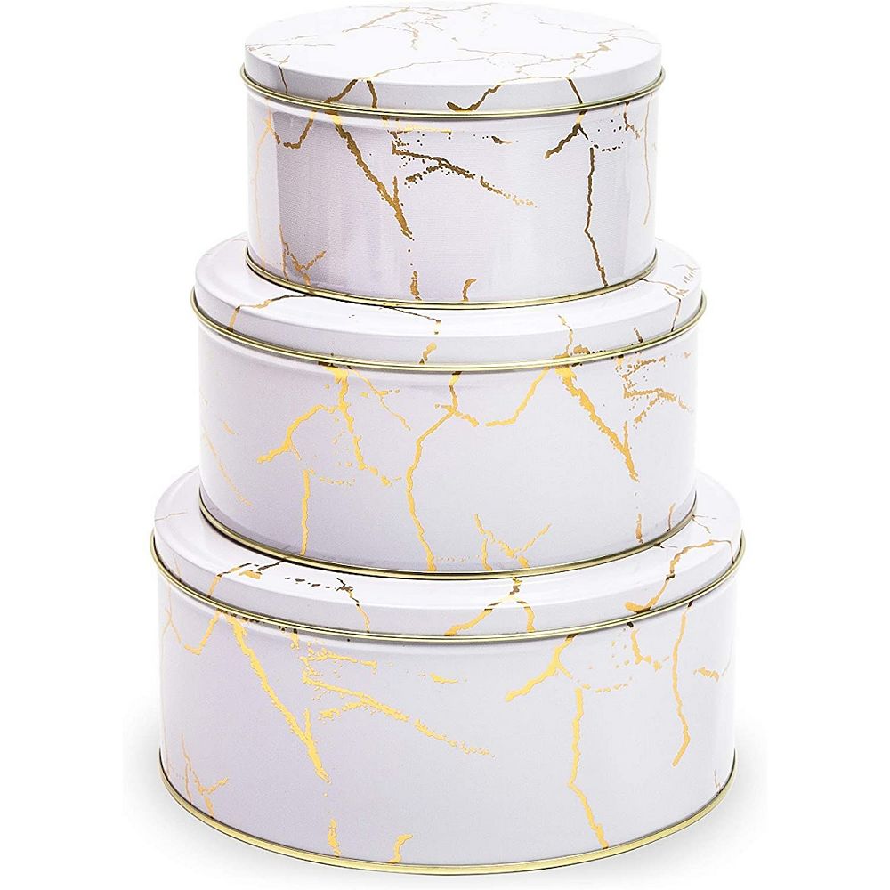 Set Of 3 Marbled Round Nesting Tins With Lids For Cookies, White And Gold