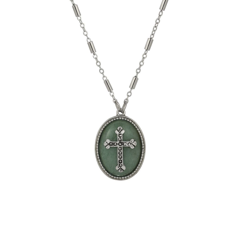 Symbols of Faith Silver Tone Stone With Pewter Cross Necklace