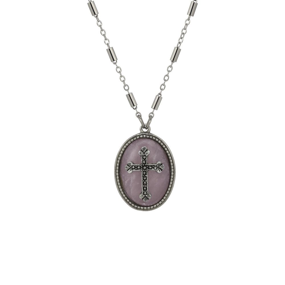 Symbols of Faith Silver Tone Stone With Pewter Cross Necklace