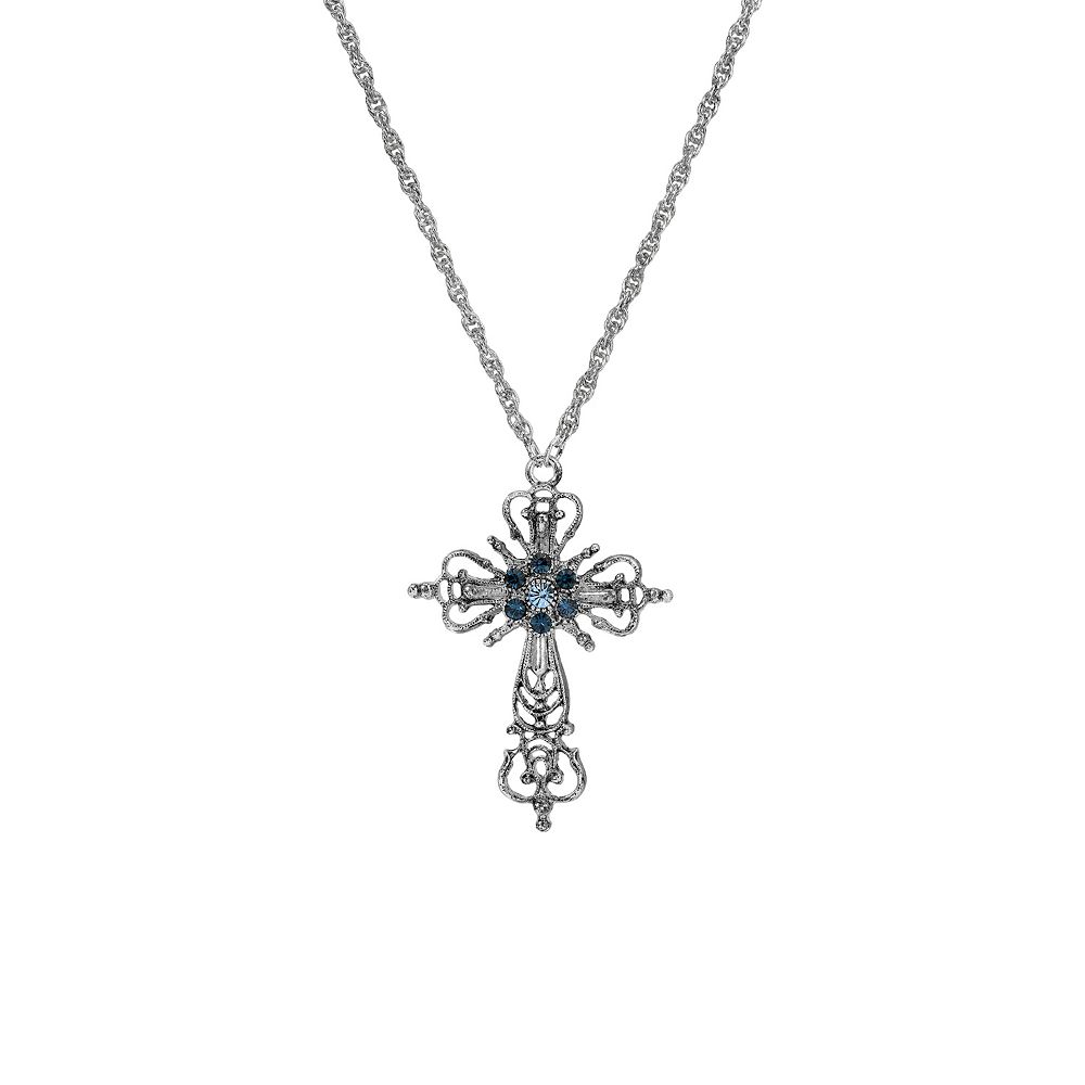 Symbols of Faith Silver Tone Cross With Blue Crystals Necklace