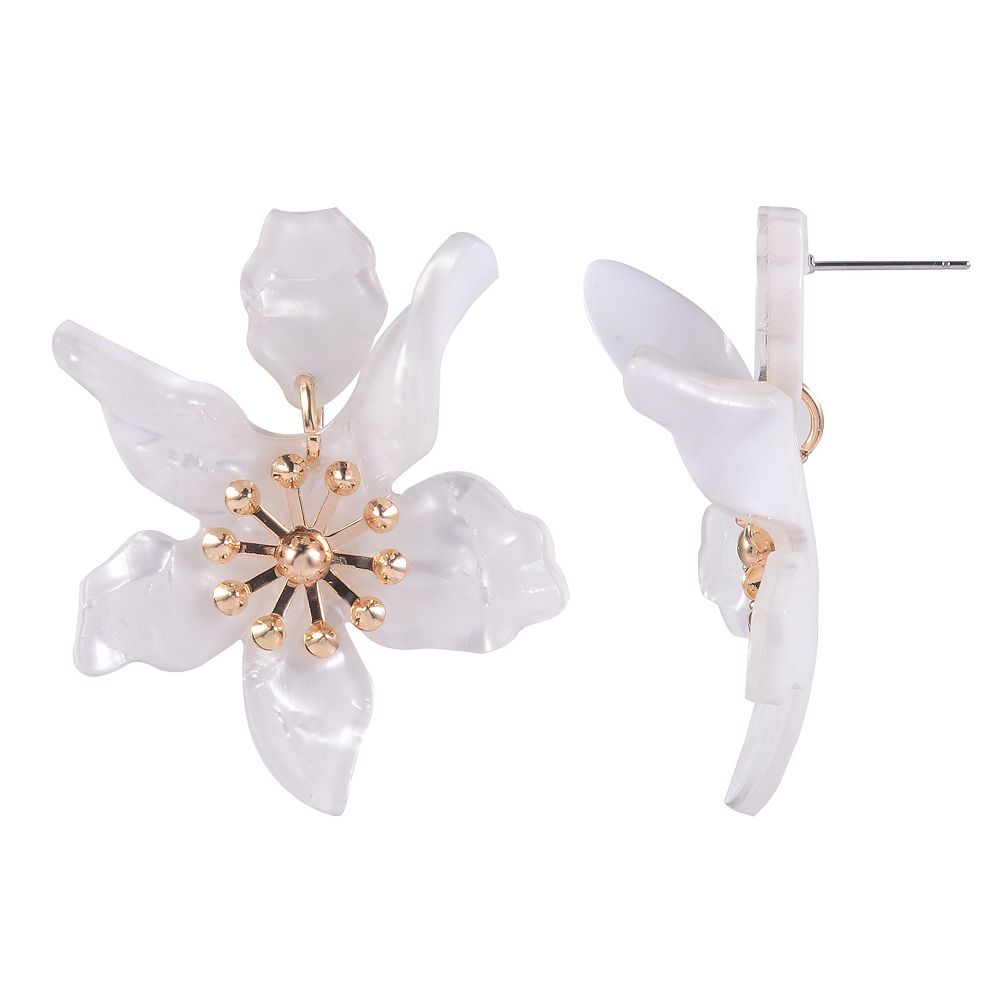 Emberly Gold Tone and White Flower Drop Earrings