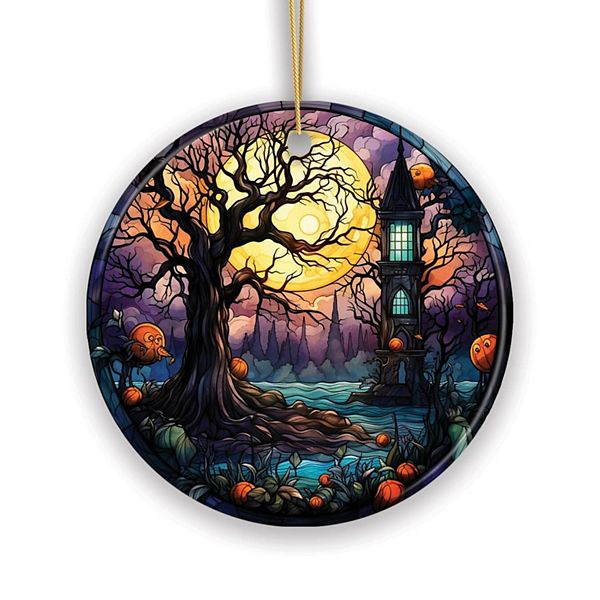Spooky Tree & Haunted House Stained Glass Style Ceramic Ornament ...