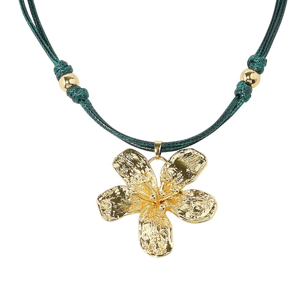 Emberly Gold Tone Green Cord Flower Pendant Necklace