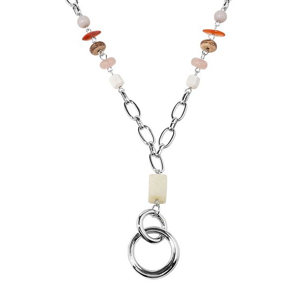 Emberly Silver Tone Beaded Chain Ring Pendant Long Necklace