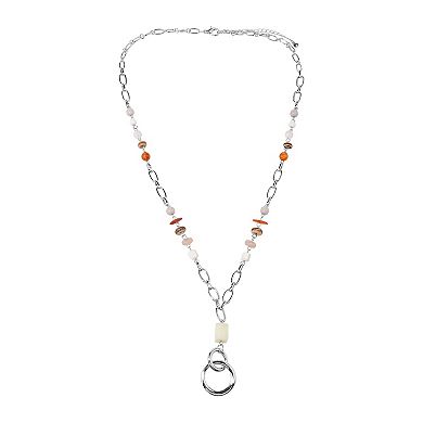 Emberly Silver Tone Beaded Chain Ring Pendant Long Necklace