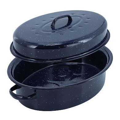 Castillo 16.5 x 13 Inch Enamel on Steel Roaster Pan with Lid in Navy Blue