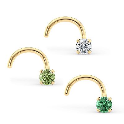 Lila Moon 14k Gold Green Clear Cubic Zirconia Curved Nose Stud Trio
