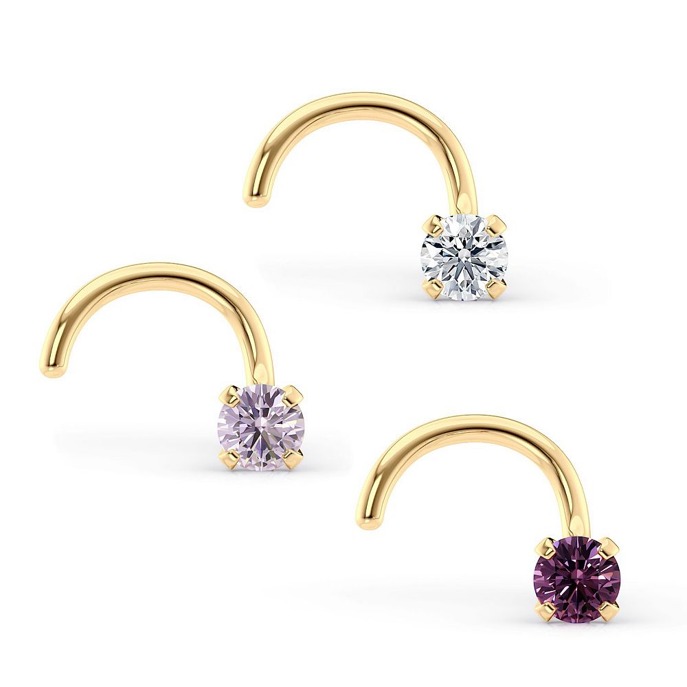 Lila Moon 14k Gold Purple & White Cubic Zirconia Curved Nose Studs Trio