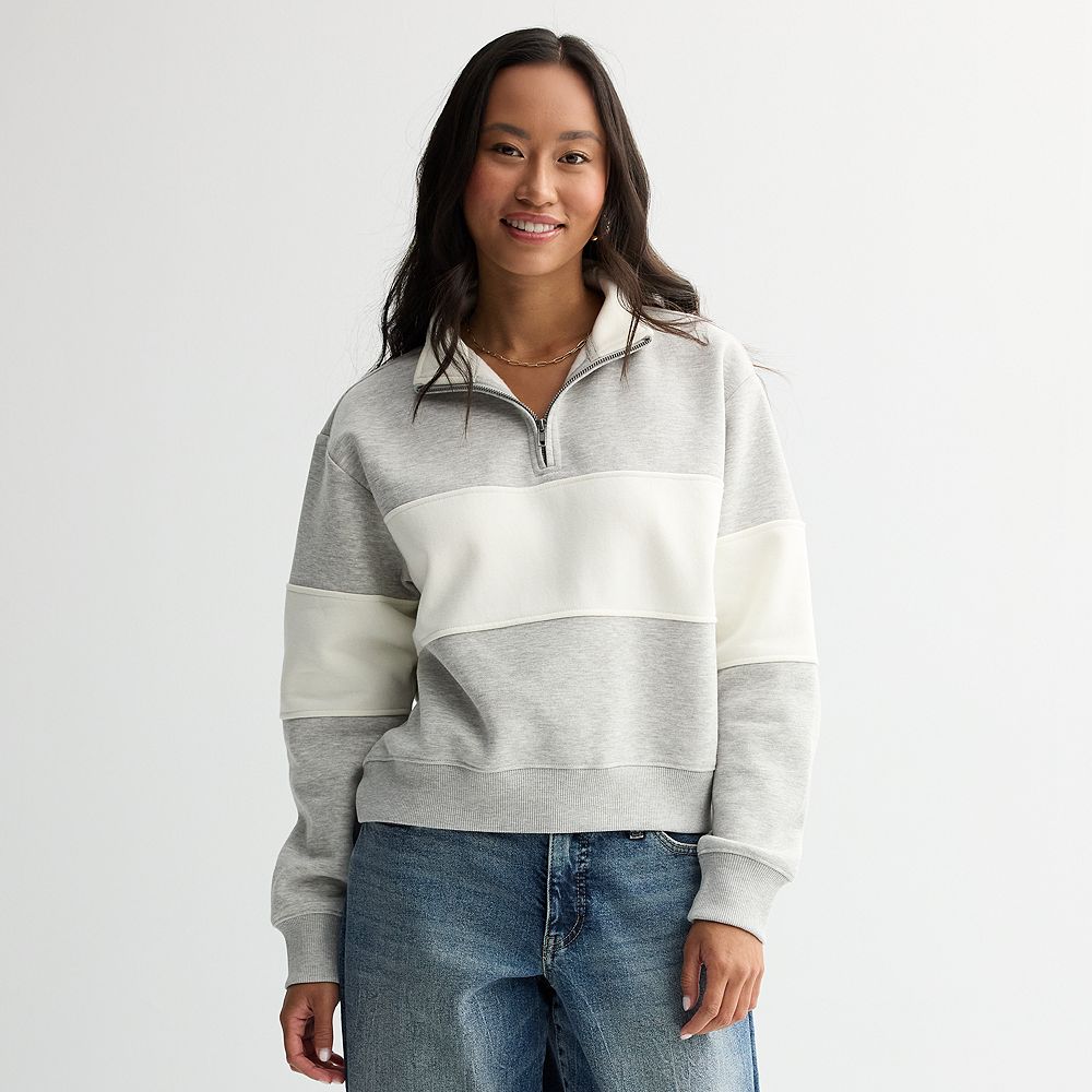 Juniors' Pink Republic Half Zip Fleece Colorblock Sweatshirt