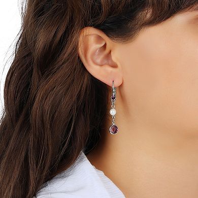 1928 Silver Tone Faux Pearl & Round Purple Gemstone Leverback Drop Earrings