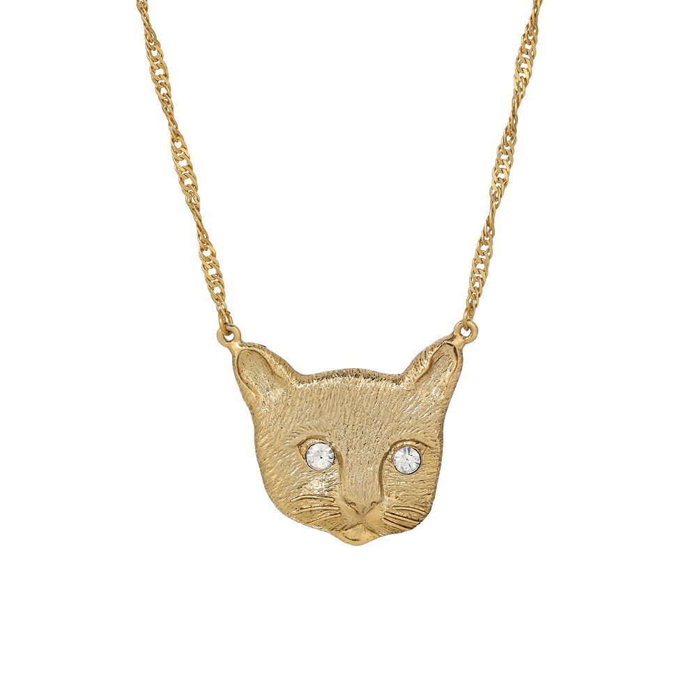 1928 Gold Tone Cat Face Crystal Glass Stone Pendant Necklace