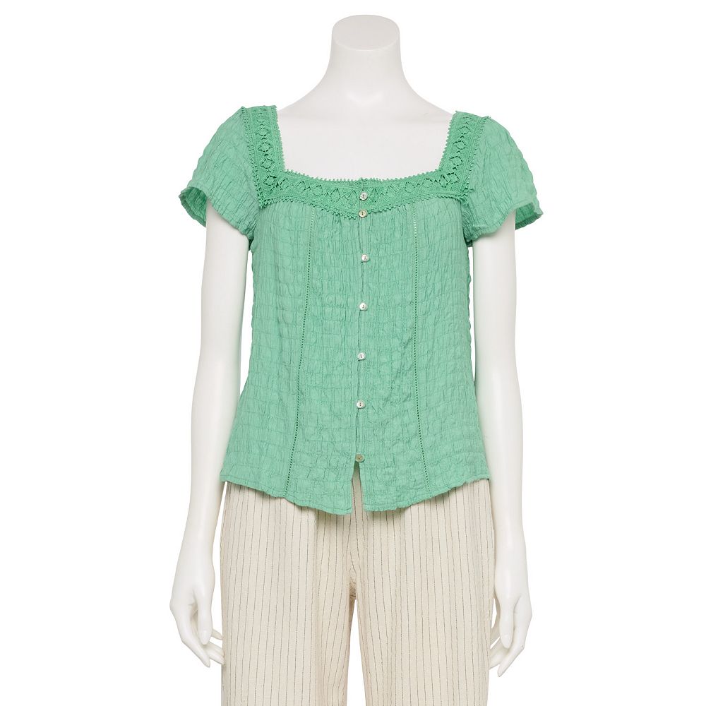 Juniors' Rewind Textured Button Front Ruffle Top