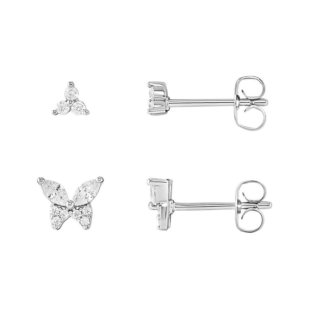 PRIMROSE Silver Tone Cubic Zirconia Stud and Butterfly Earrings Duo Set