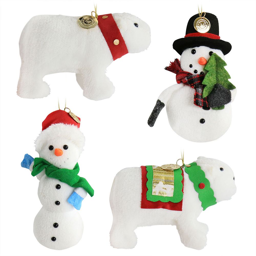 Polar Bear and Snowman 4 Piece Ornament Set in White