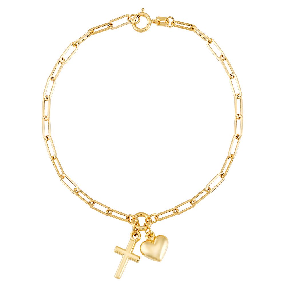 Everlasting Gold 10k Gold Paperclip Chain Cross & Heart Charm Bracelet