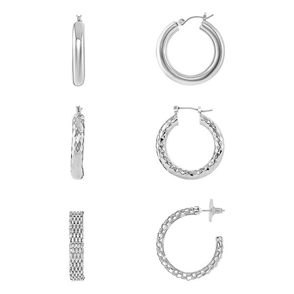 Emberly Silver Tone Polished & Textured Hoop Earring Trio Set