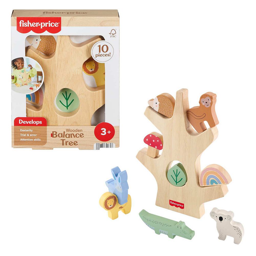 Fisher-Price 10-Piece Wooden Balance Tree Preschool Stacking Activity Toy