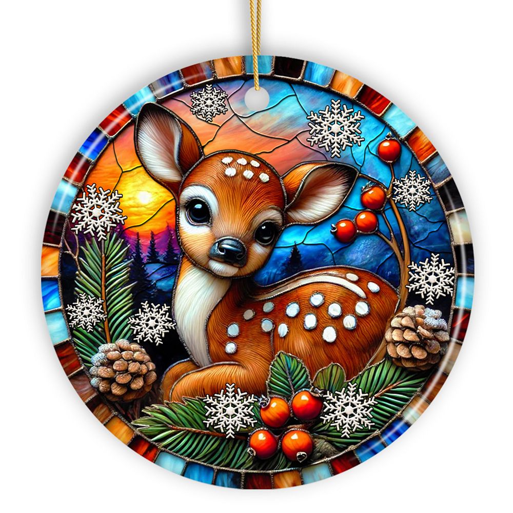 Charming Fawn in Snowy Sunset Ornament, Delightful Woodland Scene for ...