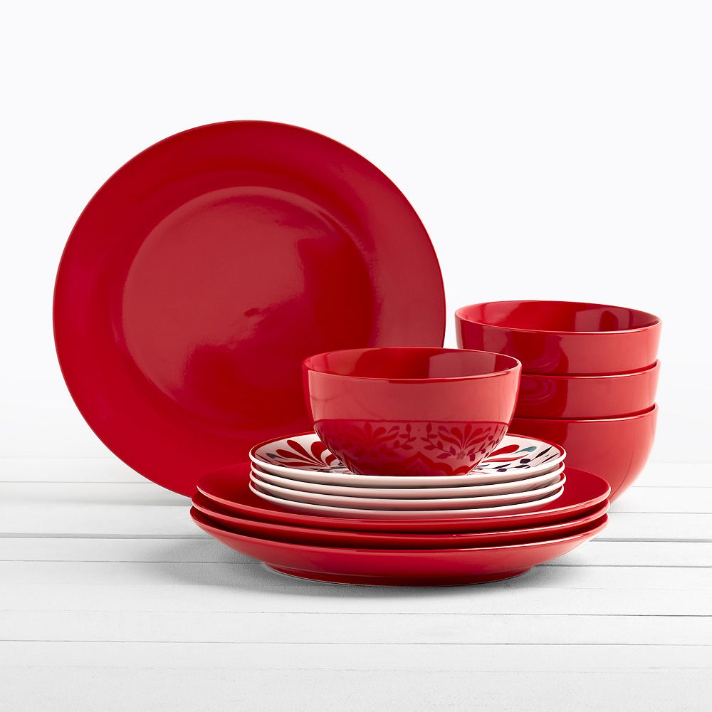 Tabletops Gallery 12-piece Porcelain Round Camila Red Dinnerware Set