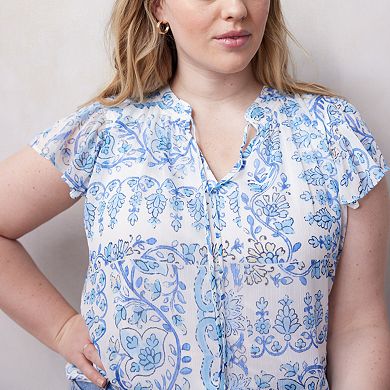 Plus Size LC Lauren Conrad Tie-Front Ruffle V-Neck Shell