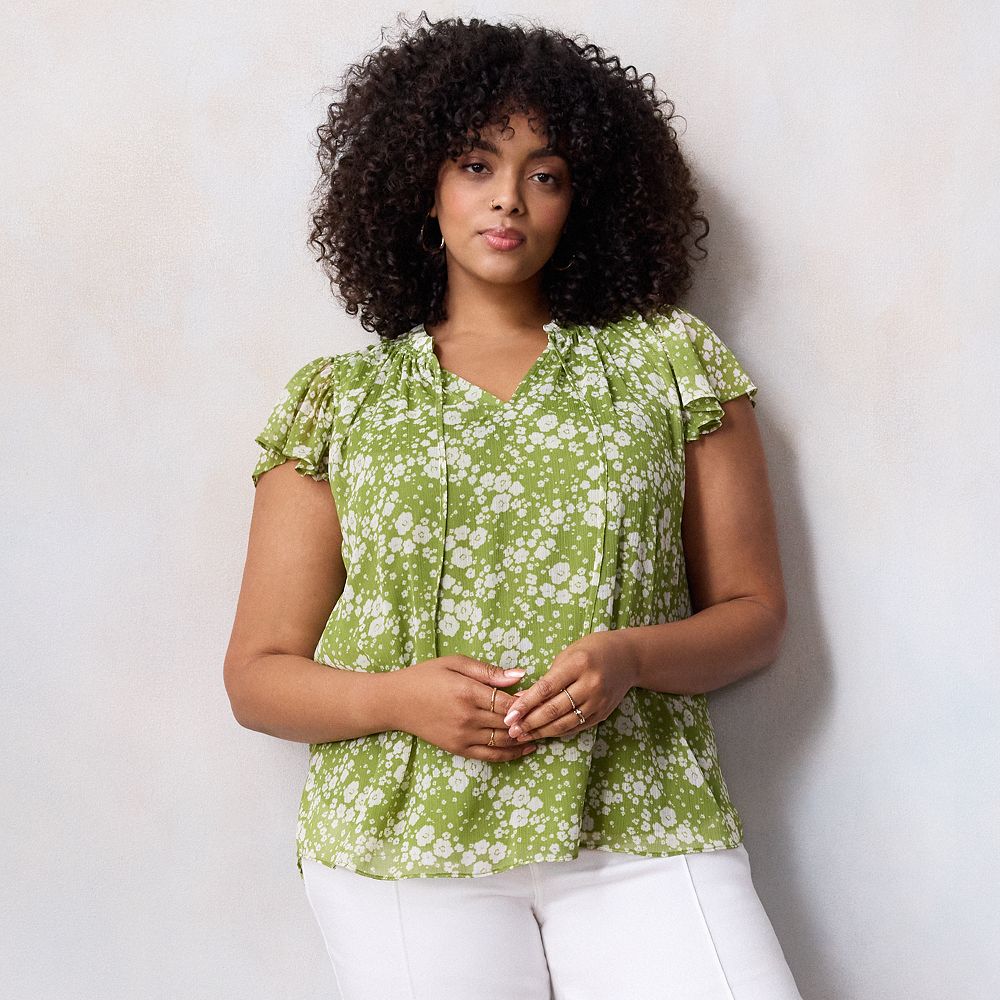 Plus Size LC Lauren Conrad Tie-Front Ruffle V-Neck Shell