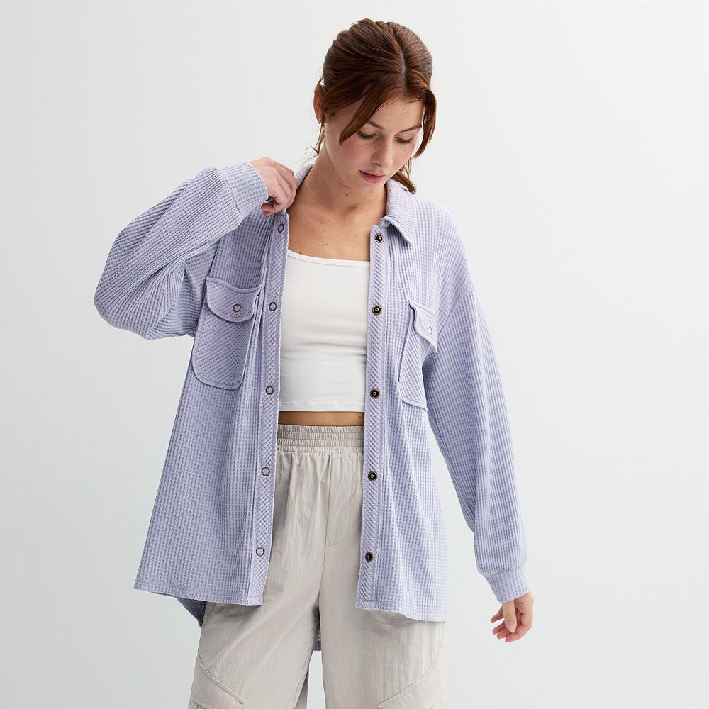 Juniors' Rewind Waffle Snap Front Knit Shacket