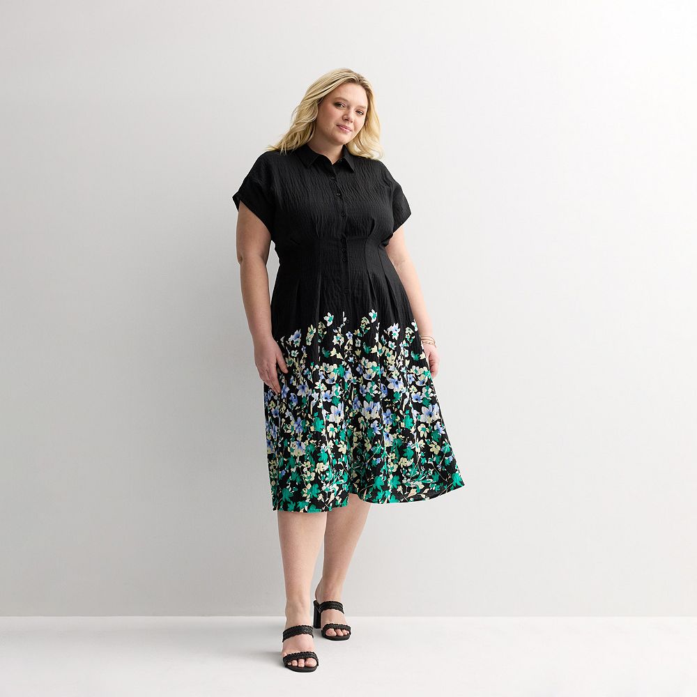 Plus Size Nine West Cinched Waist Midi Shirt Dress