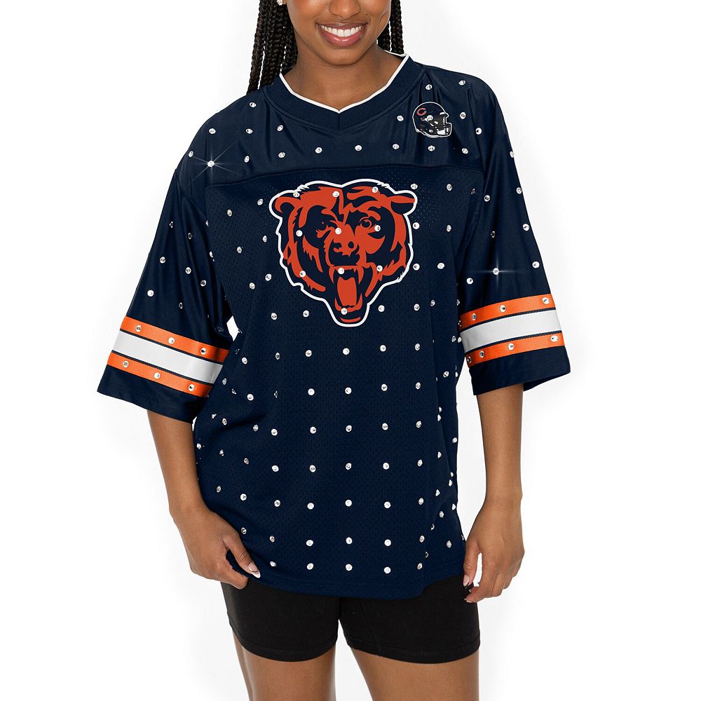Women's Gameday Couture Navy Chicago Bears All-Over Rhinestone Sports Stripe Kickoff V-Neck ...