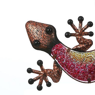 LuxenHome 24-inch Pink Gecko Lizard Metal And Glass Outdoor Wall Decor