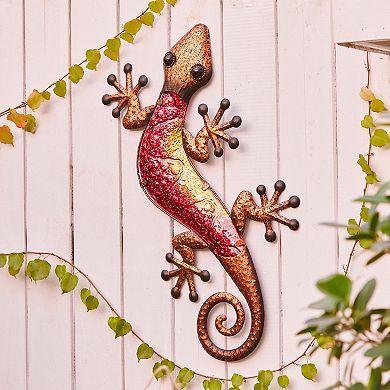 LuxenHome 24-inch Pink Gecko Lizard Metal And Glass Outdoor Wall Decor