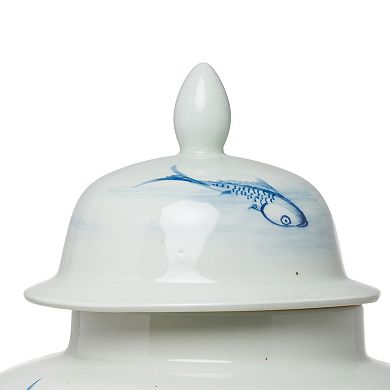 18 Inch Porcelain Ginger Jar, Artful Wispy Fish, Classic White And Blue