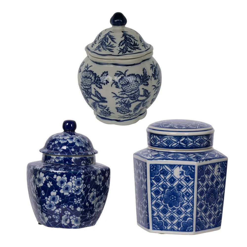 6, 6, 7 Inch Lidded Jars, Persian Inspired Blue Flowers, Curved, Set Of 3