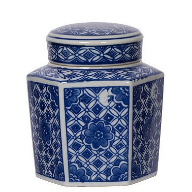 6, 6, 7 Inch Lidded Jars, Persian Inspired Blue Flowers, Curved, Set Of 3