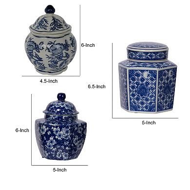 6, 6, 7 Inch Lidded Jars, Persian Inspired Blue Flowers, Curved, Set Of 3