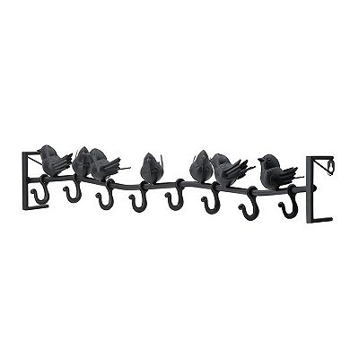 38 Inch Wall Hooks, Perched Birds, 8 Coat Hooks, Black Iron, Vintage Style