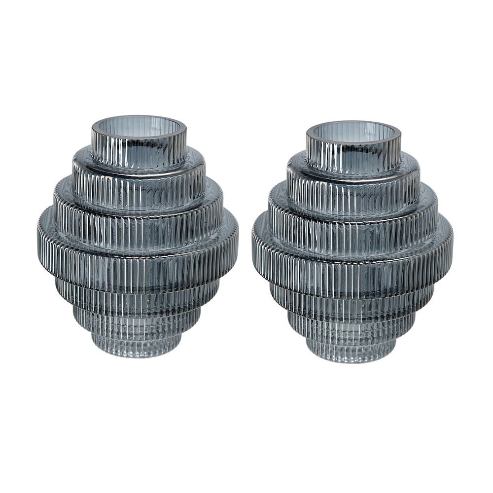 Rae Set Of 2 Glass Vases, Geometric Round, Smokey Blue And Clear Finish