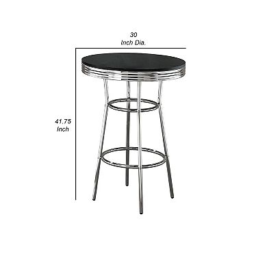42 Inch Round Bar Table, Ribbed Apron, Glossy Black Lacquer, Retro Style