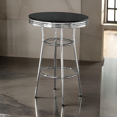 42 Inch Round Bar Table, Ribbed Apron, Glossy Black Lacquer, Retro Style