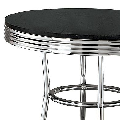 42 Inch Round Bar Table, Ribbed Apron, Glossy Black Lacquer, Retro Style