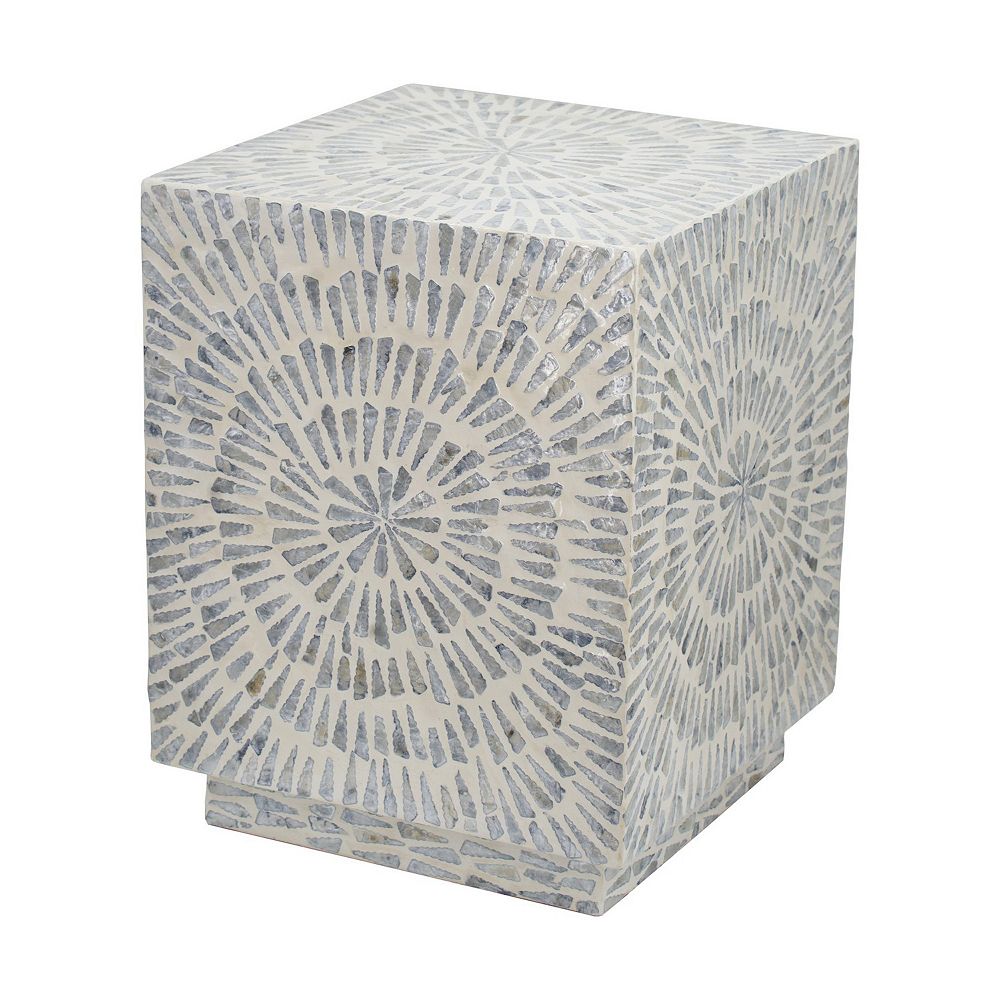 18 Inch Modern Capiz Accent Table Stool, Square, Gray Starburst Pattern