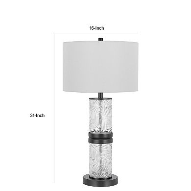 Hem 31 Inch Table Lamp With Drum Hardback, Led, Leafy Glass, Gray Metal