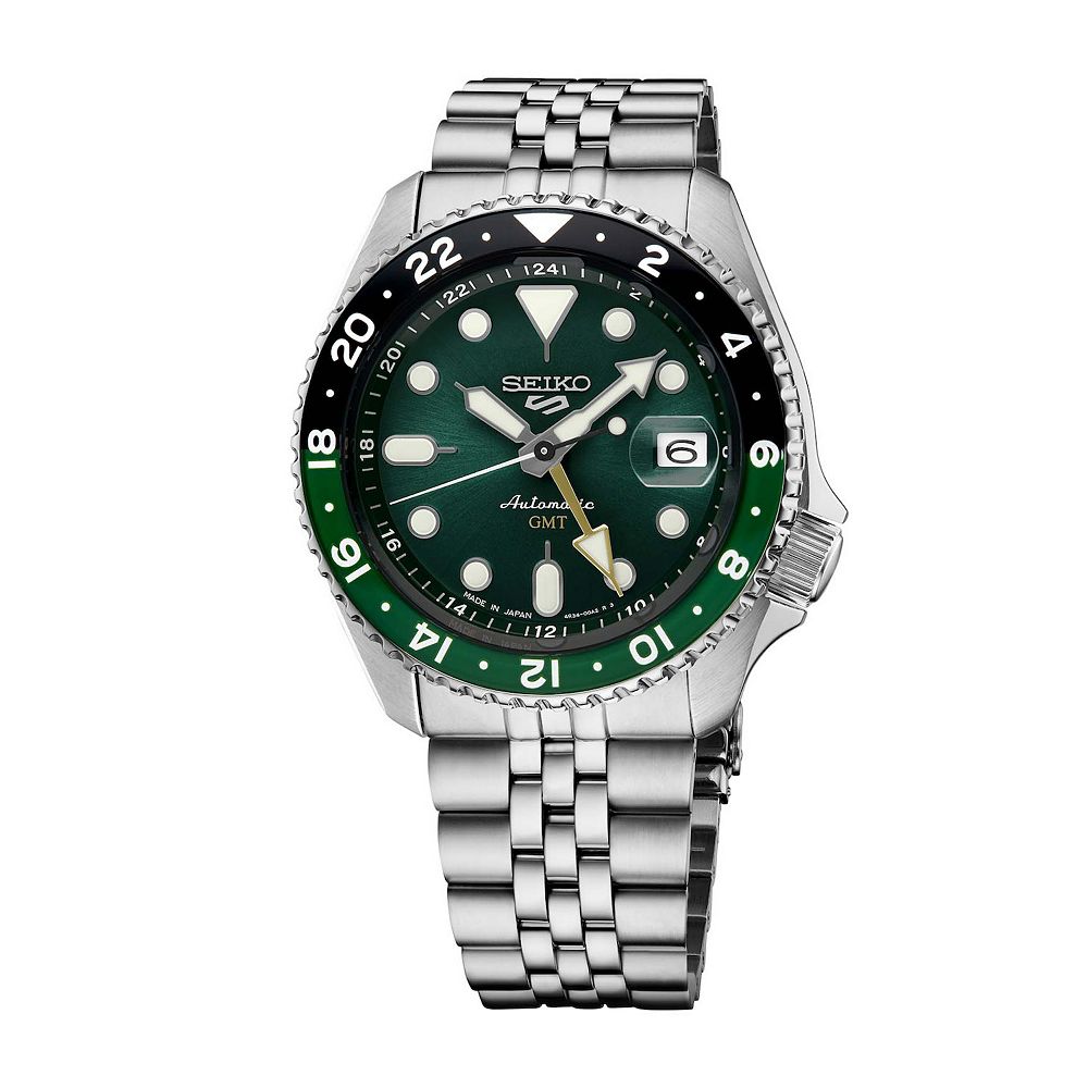 Men's Seiko 5 Sports Green Dial GMT Stainless Steel Automatic Watch ...