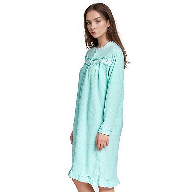 Women's Long Sleeve Cozy Micro Fleece Polka Dot Nightgown with Textured ...