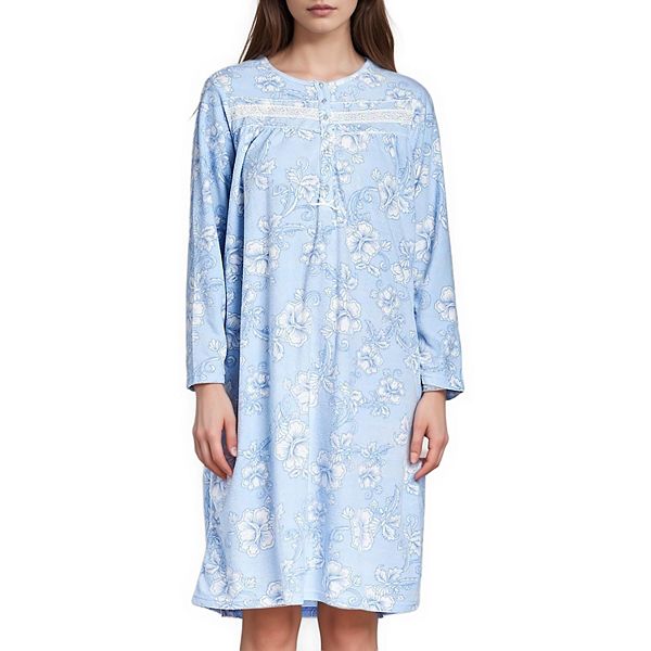 Women's Long Sleeve Cozy Fleece Floral Nightgown with Textured Lace Design
