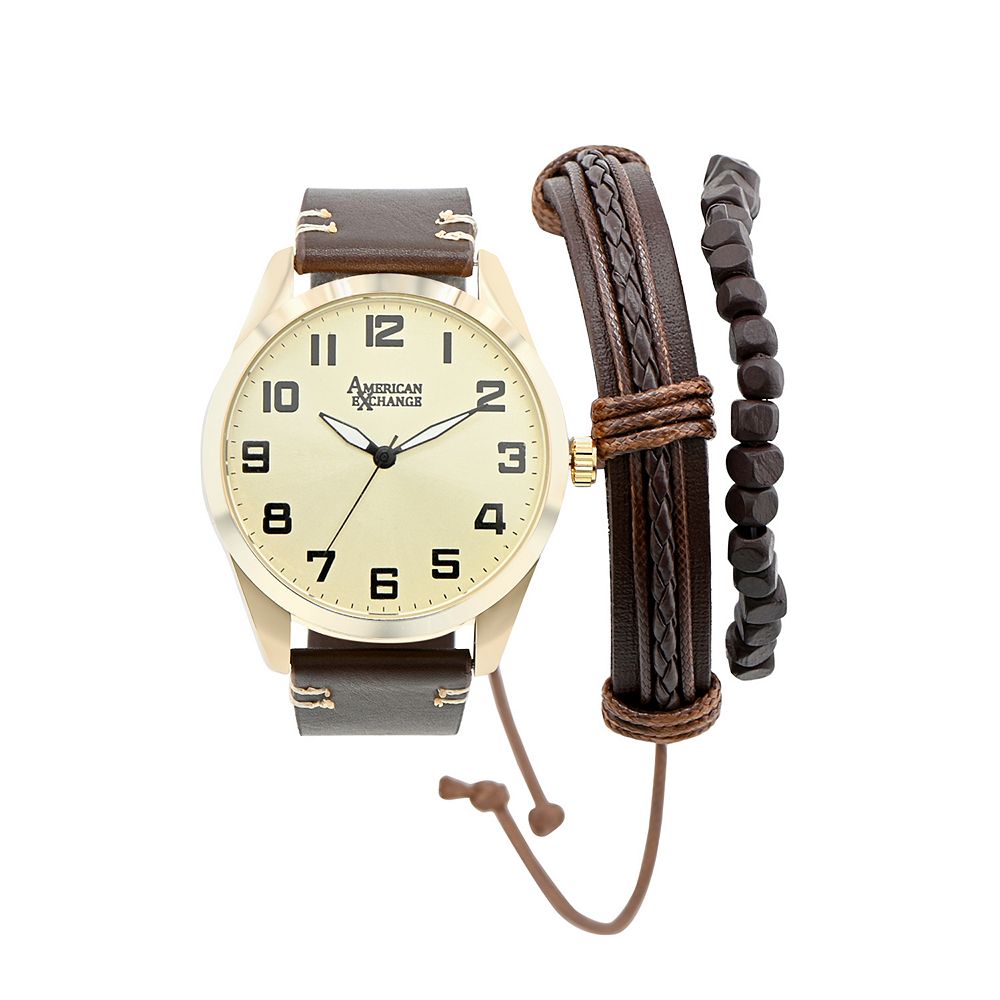 American Exchange Men's Brown Leather Strap Analog Watch, Bracelet ...