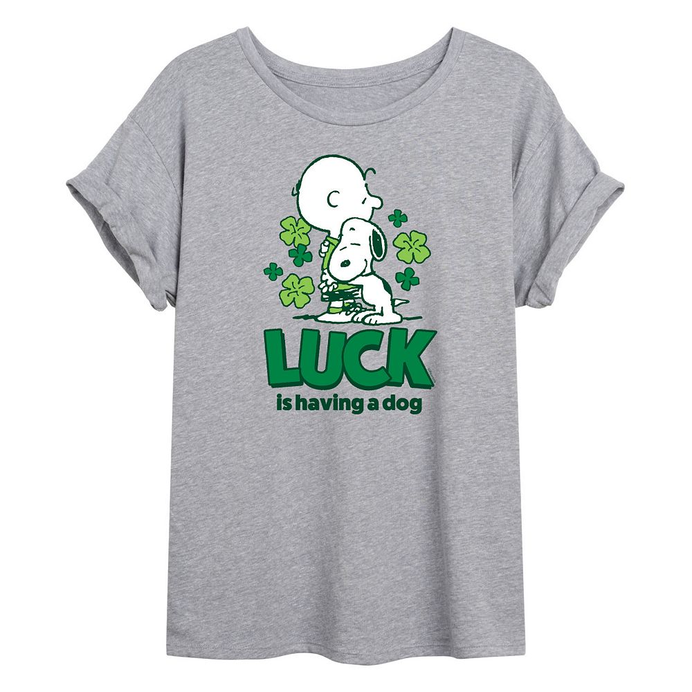 Juniors' Peanuts Snoopy Luck Is Having A Dog Oversized Tee