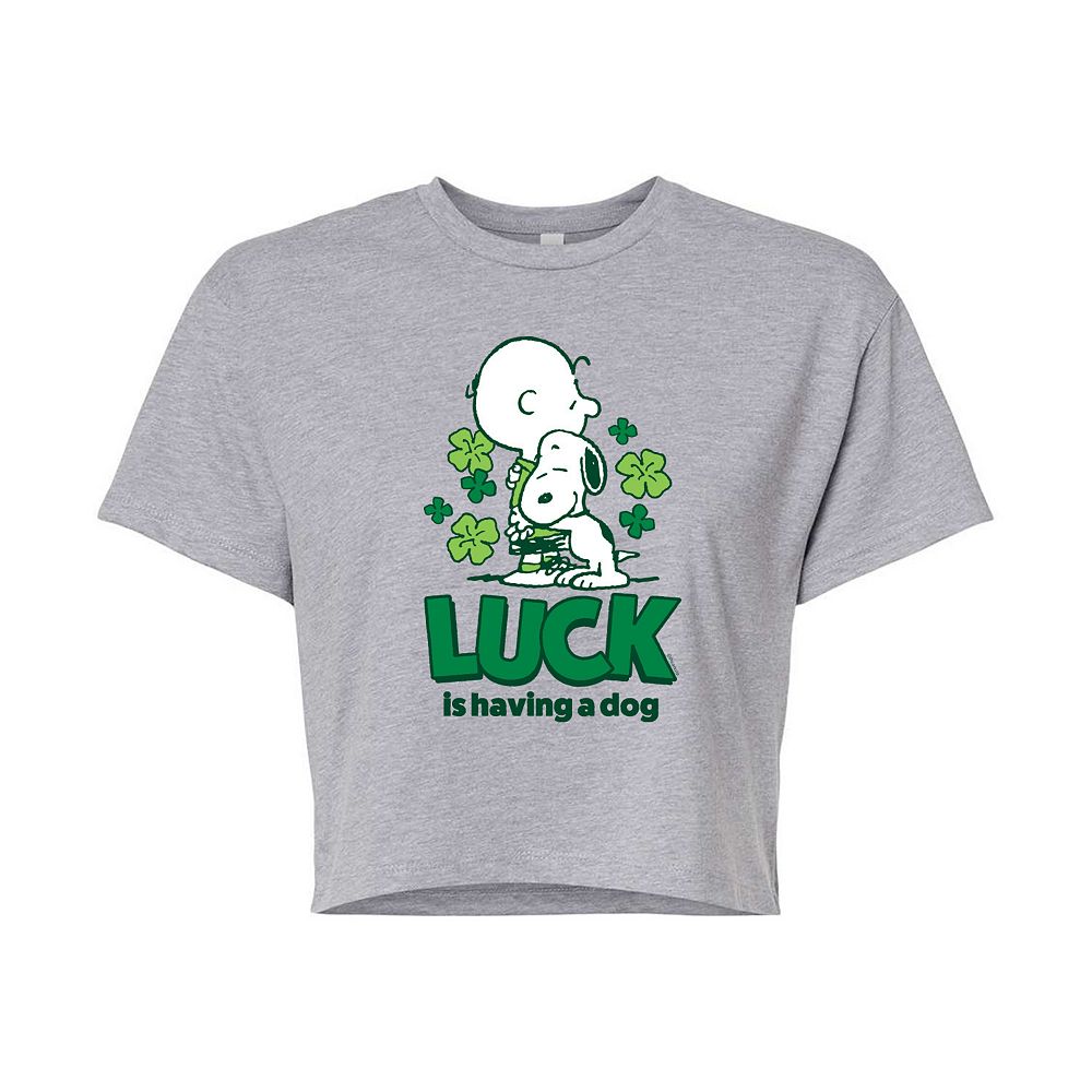 Juniors' Peanuts Snoopy Luck Is Having A Dog Cropped Tee