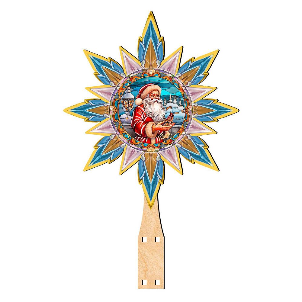 Santa with Cardinal Star Tree Topper Wooden Decor by G. Debrekht