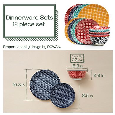 Ceramic Plates and Bowls Set, 12-Piece Dinnerware Set for Christmas ...