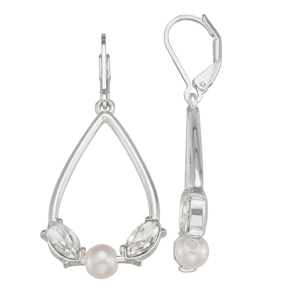 You're Invited Silver Tone Simulated Pearl & Crystal Oval Drop Earrings